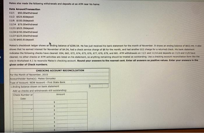 Solved Checking account reconciliation Use Worksheet 4.1. | Chegg.com