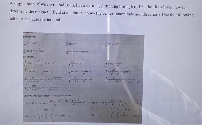 Solved A single, loop of wire with radius, a, has a current, | Chegg.com