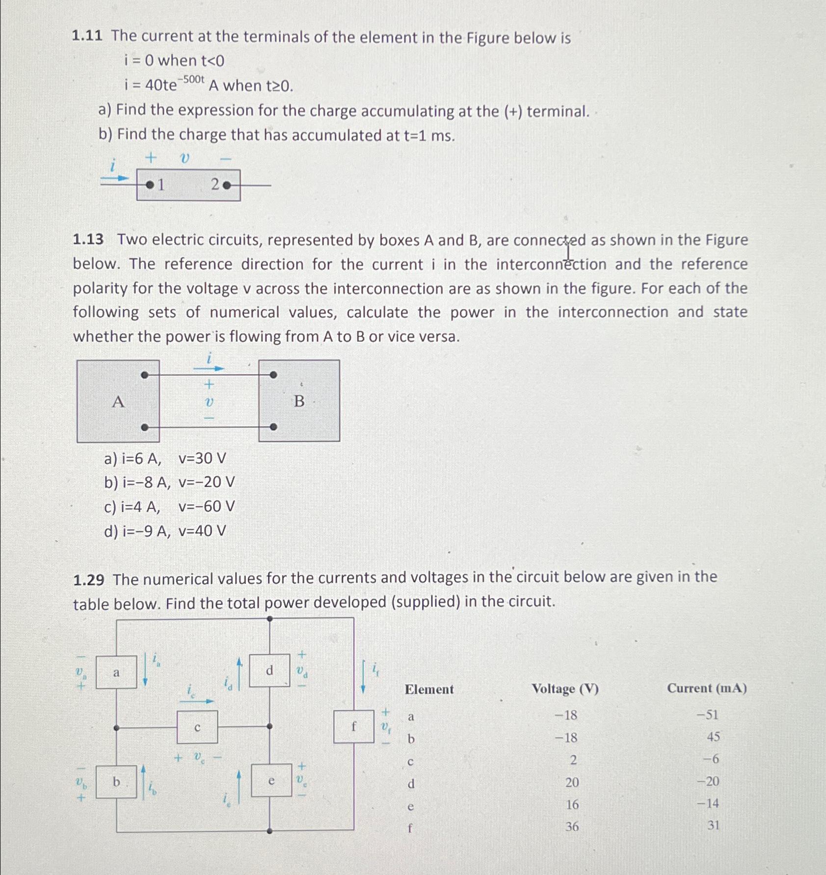 Solved 1.11 ﻿The current at the terminals of the element in | Chegg.com