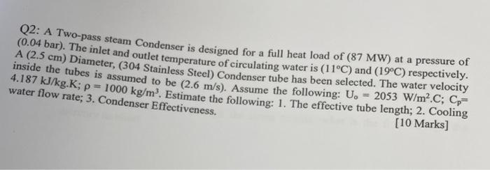 Solved Q2: A Two-pass steam Condenser is designed for a full | Chegg.com