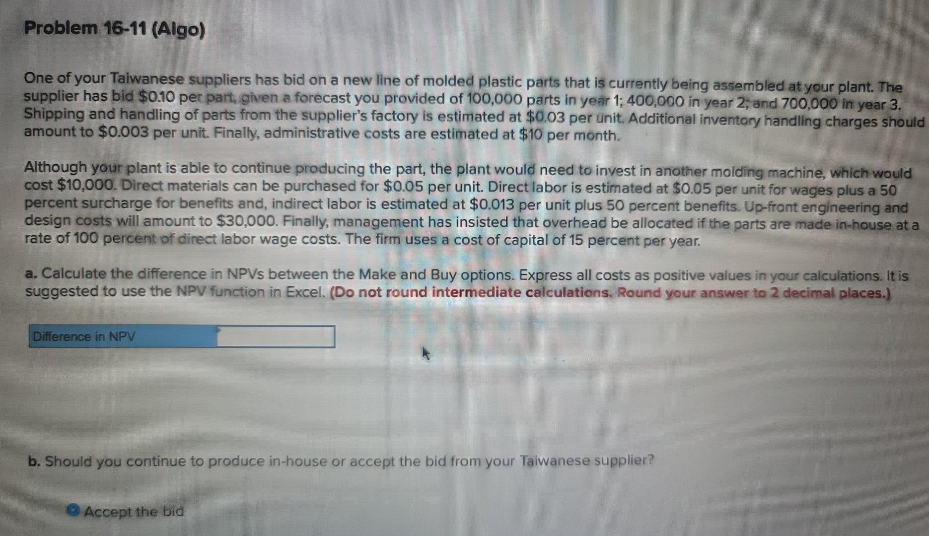 Solved Problem 16-11 (Algo) One of your Taiwanese suppliers | Chegg.com