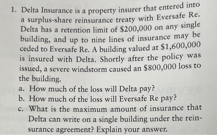 Solved 1. Delta Insurance is a property insurer that entered | Chegg.com