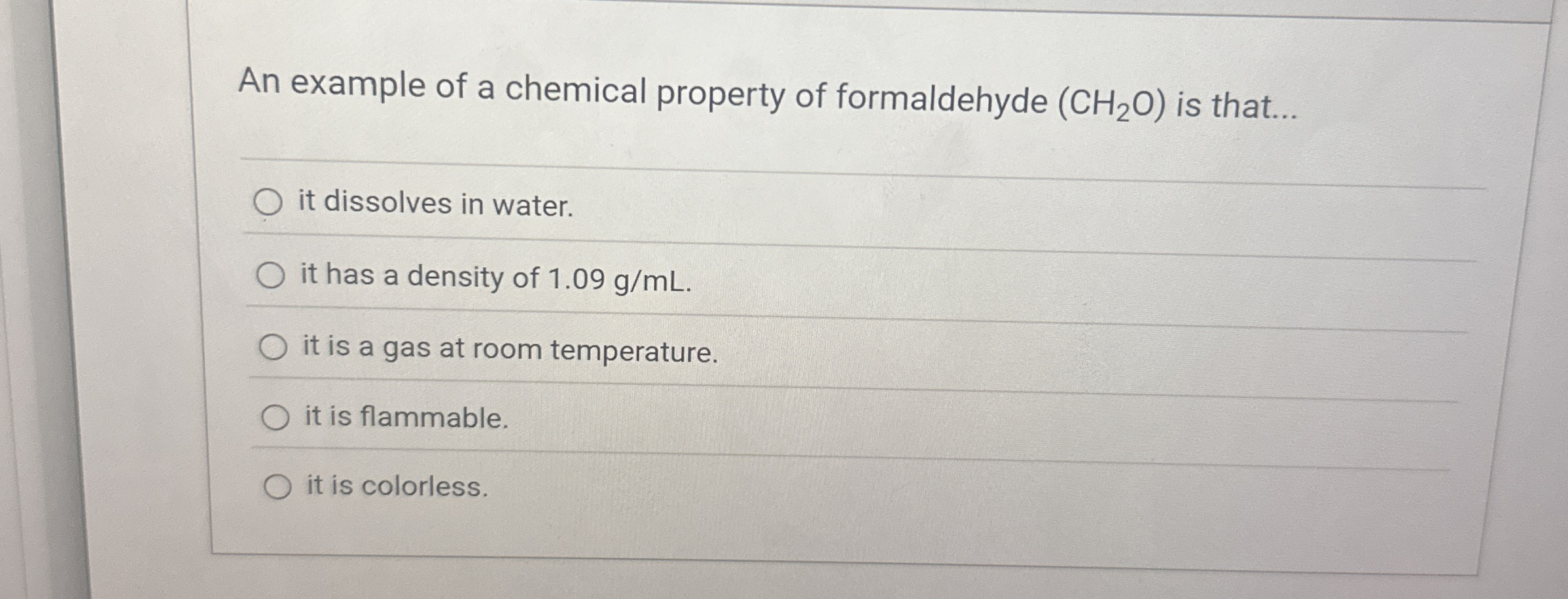 Solved An example of a chemical property of formaldehyde | Chegg.com