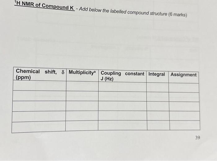 Solved 1H NMR of Compound K - Add below the labelled | Chegg.com