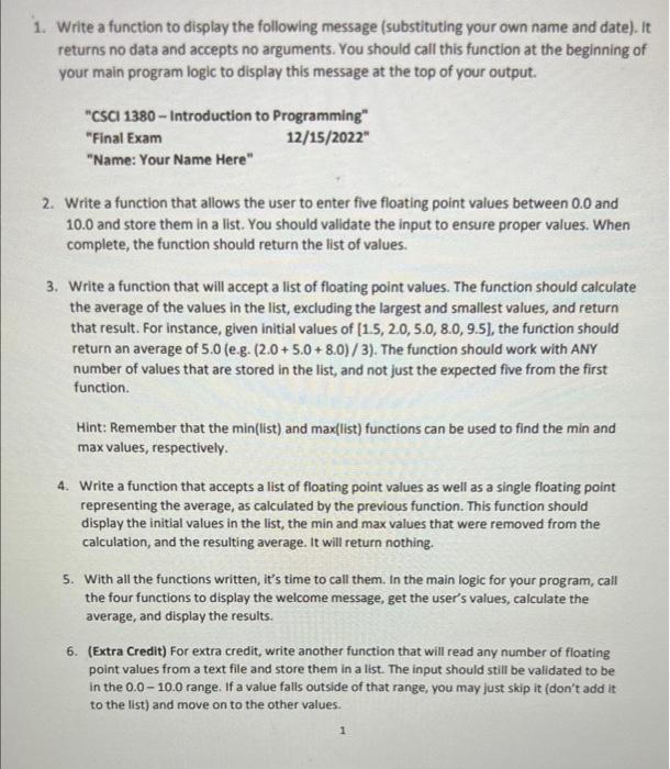 Solved 1. Write a function to display the following message | Chegg.com