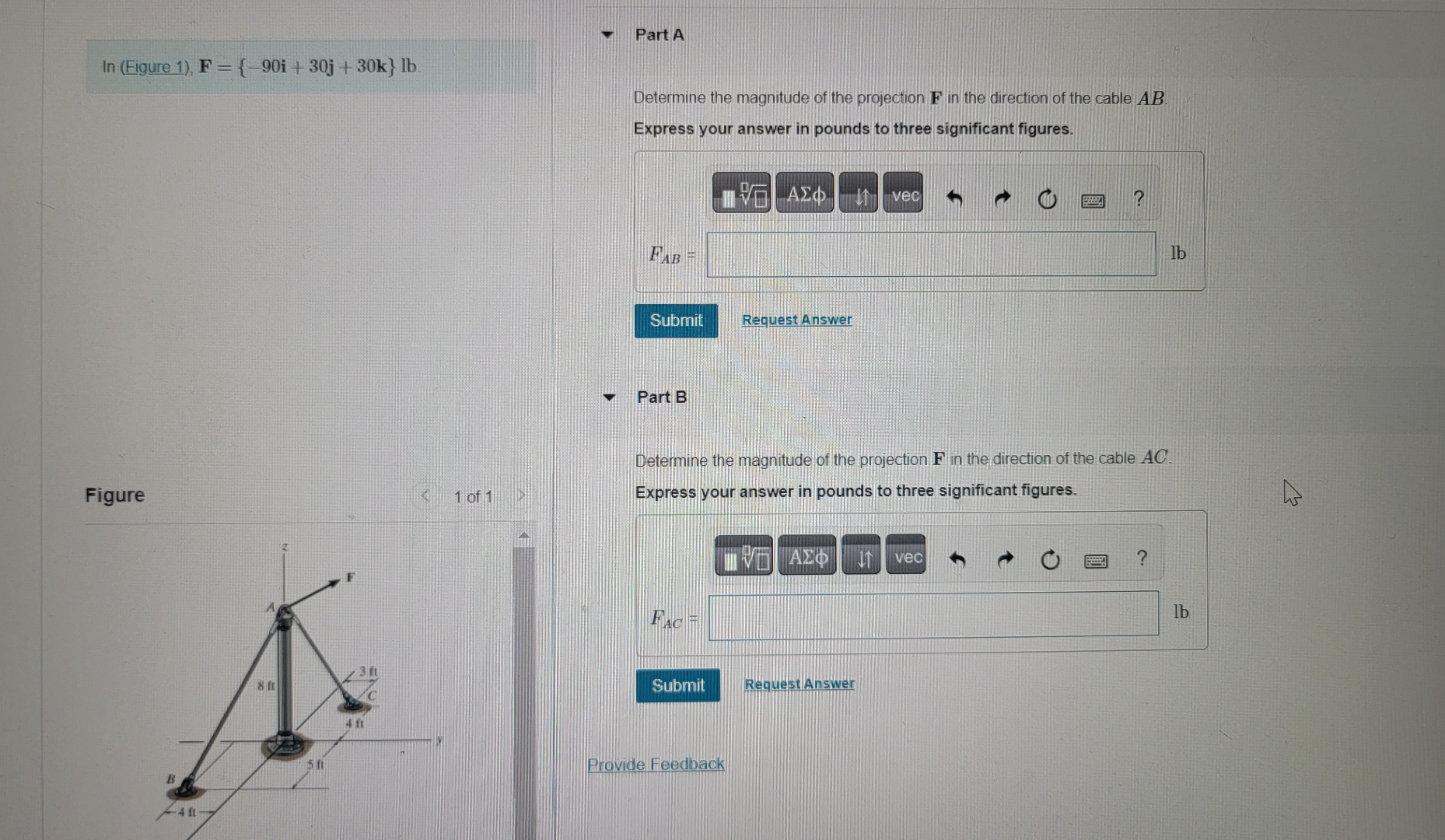 Solved Part Aln (Figure 1), F={-90i+30j+30k}lb.Determine the | Chegg.com