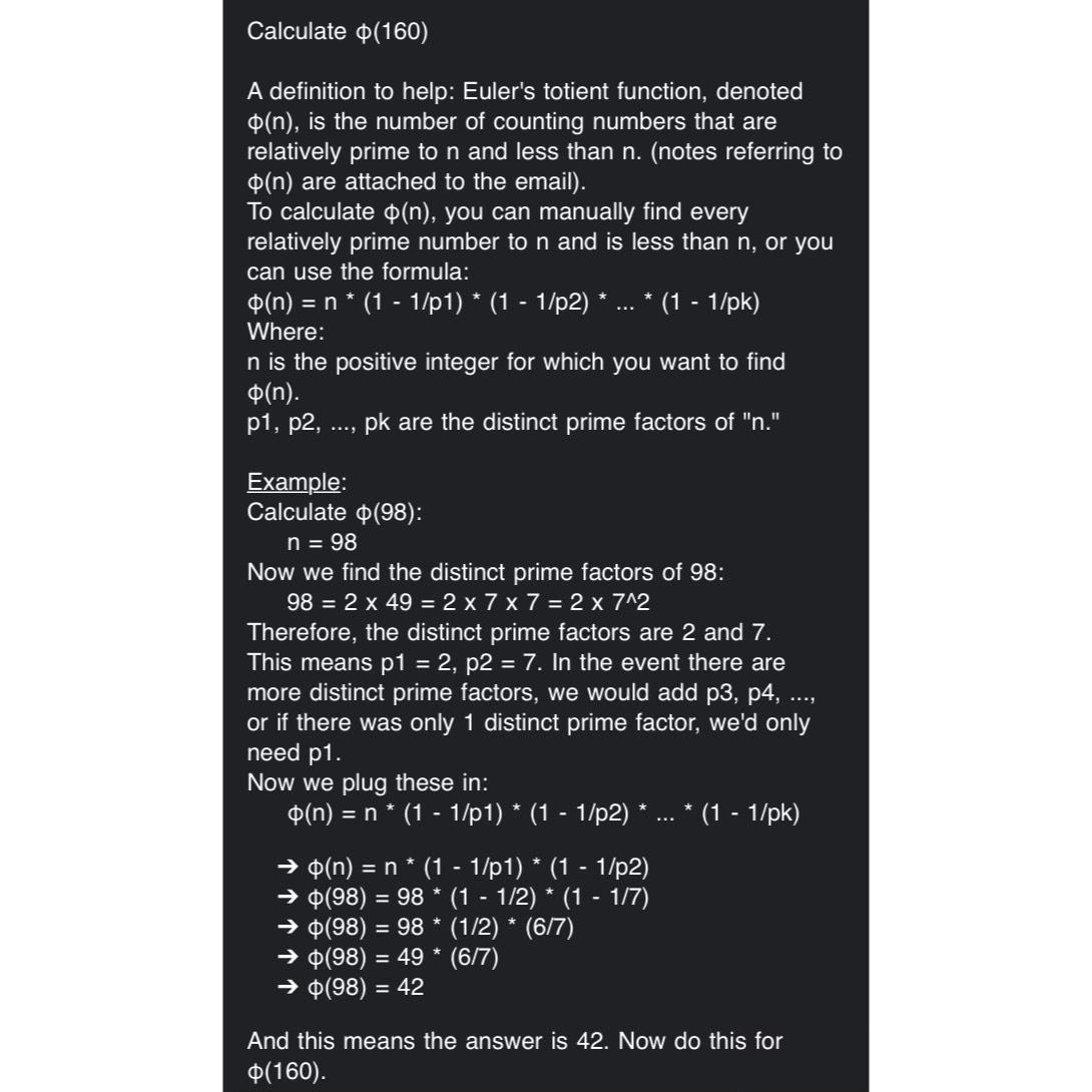 Calculate φ(160)A definition to help: Euler's totient | Chegg.com