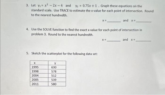 Solved 3. Let y1=x2−2x−4 and y2=0.75x+1. Graph these | Chegg.com