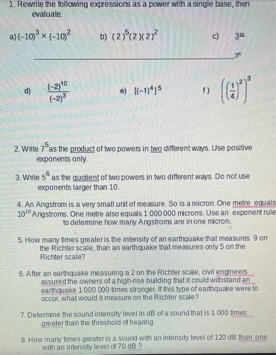 Solved 1. Rewrite the following expressions as a power with | Chegg.com