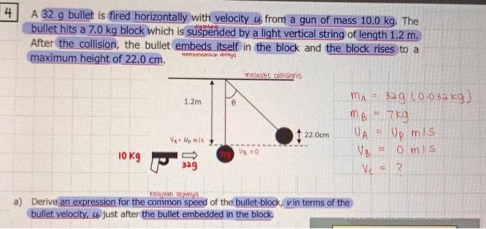 Solved A 32 g bullet is fired horizontally with velocity us | Chegg.com