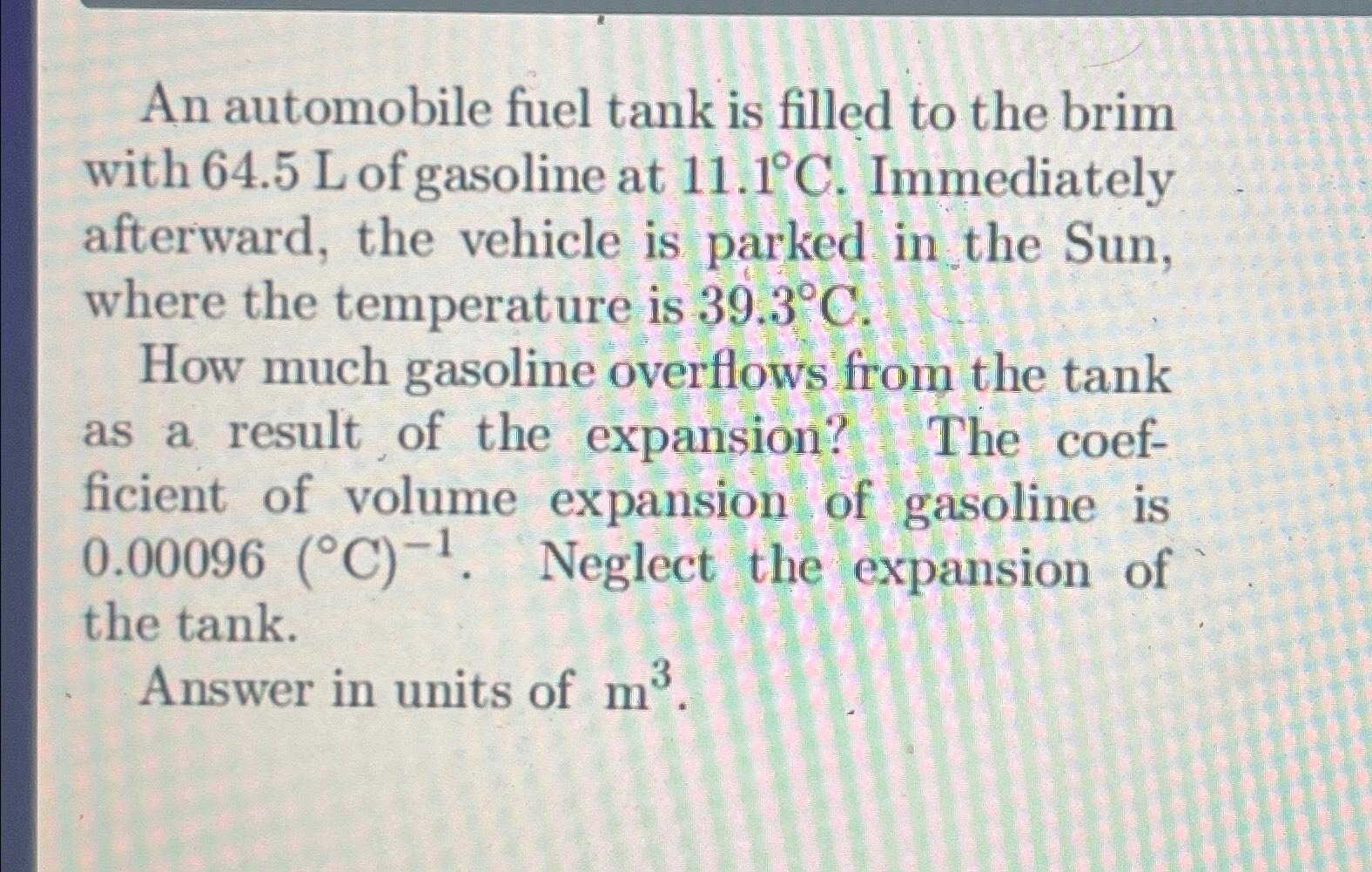Solved An automobile fuel tank is filled to the brim with | Chegg.com