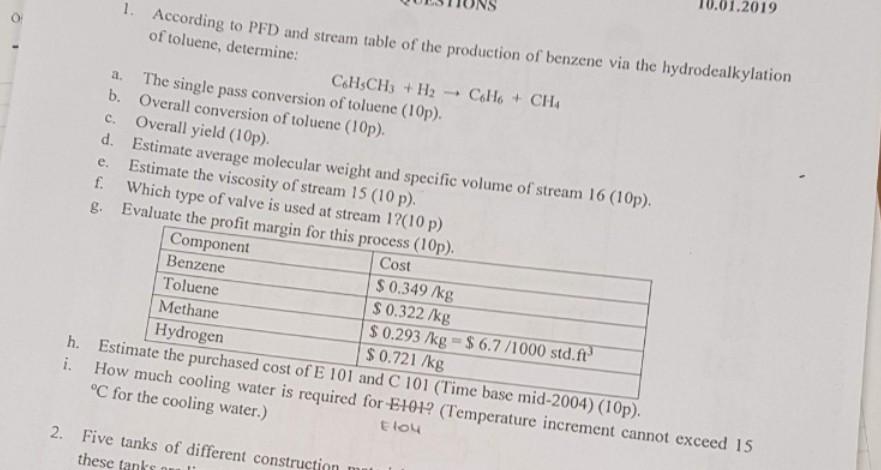 Solved 2019 a. c. e. 1. According to PFD and stream table of | Chegg.com