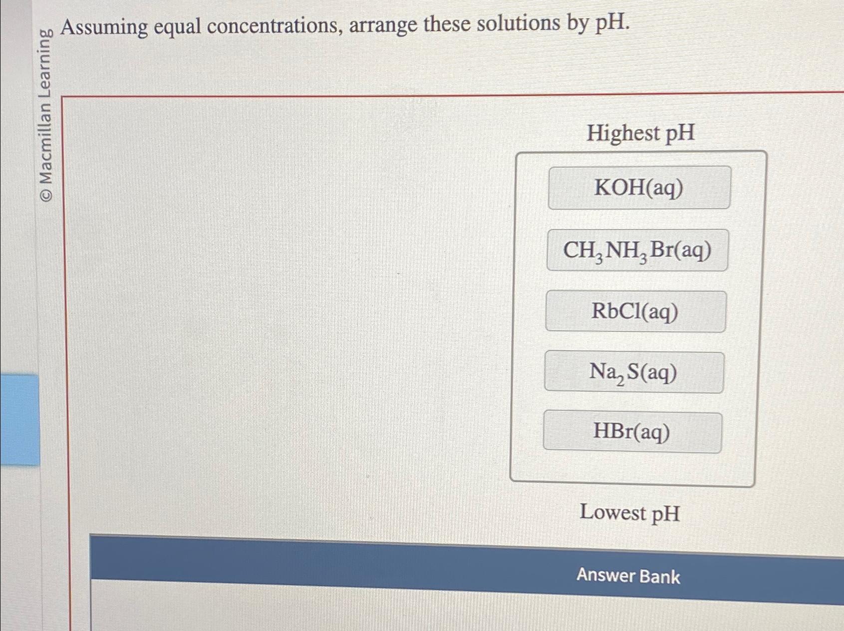 Solved ?c∞ ﻿Assuming equal concentrations, arrange these | Chegg.com