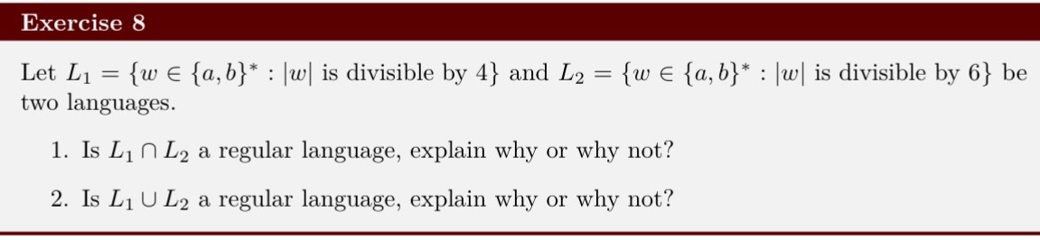 Solved Exercise 8Let L1 = {w E {a, ﻿b}* ﻿: |w| ﻿is divisible | Chegg.com
