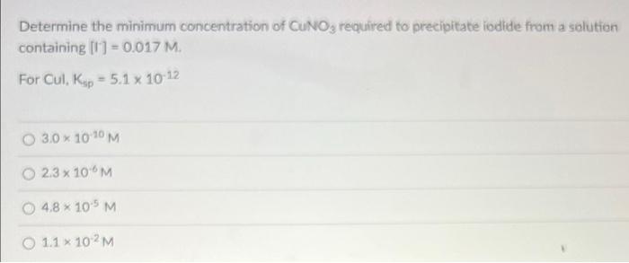 Solved Determine the minimum concentration of CUNO, required | Chegg.com