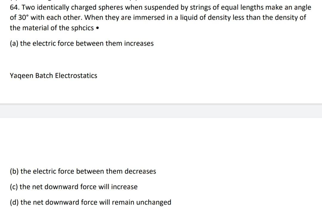 Solved 64. Two identically charged spheres when suspended by | Chegg.com