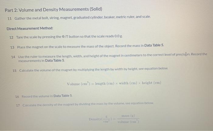 Part 2: Volume and Density Measurements (Solid) 11 | Chegg.com