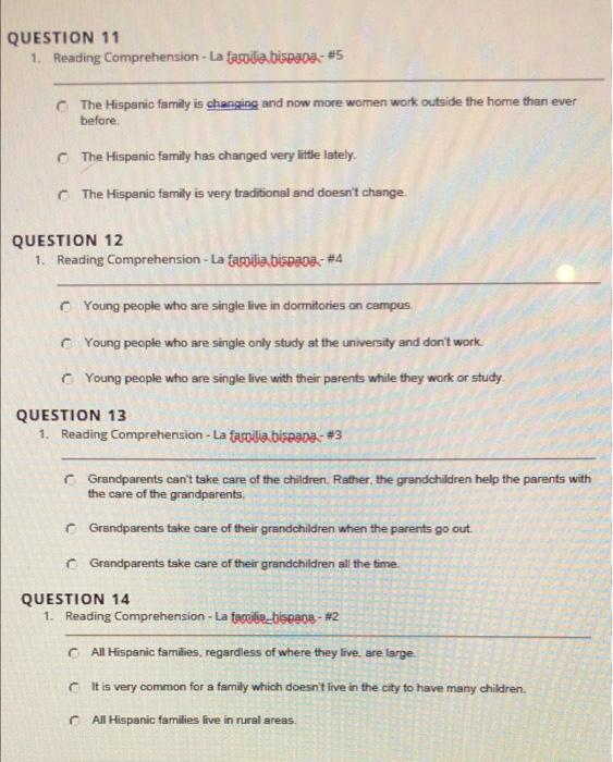 QUESTION 11 1. Reading Comprehension - La familia | Chegg.com