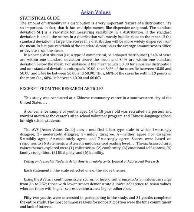 Solved Asian Values STATISTICAL GUIDE The amount of | Chegg.com