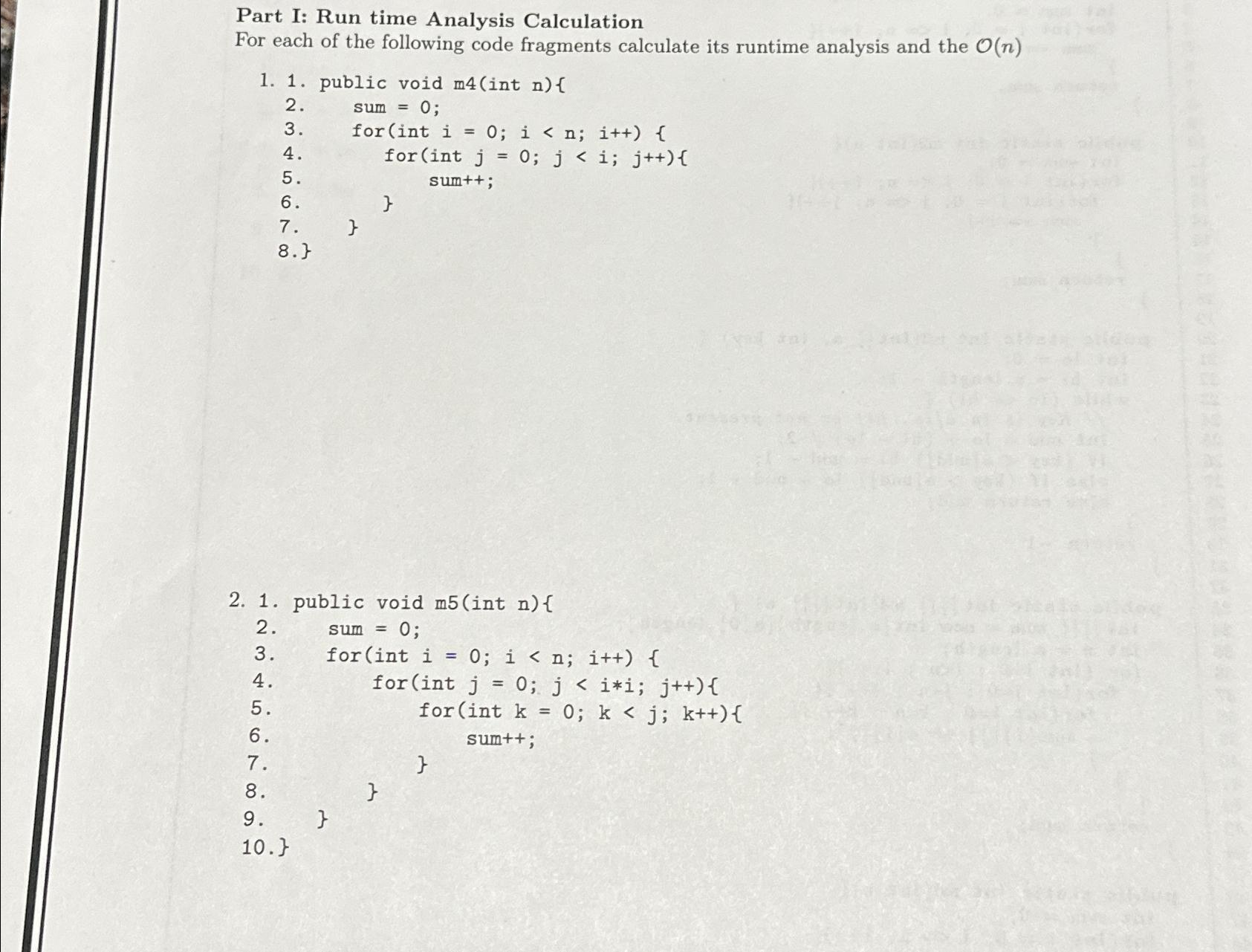 Solved Part I: Run time Analysis CalculationFor each of the | Chegg.com