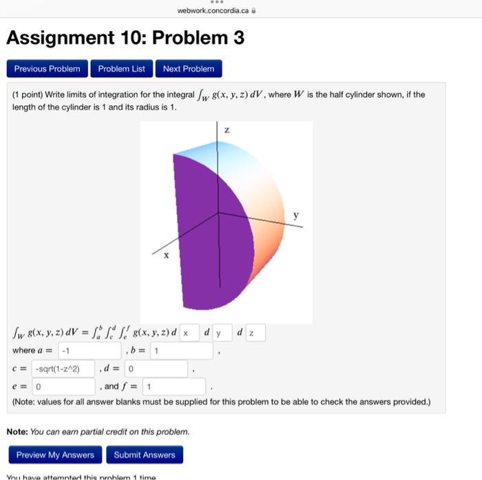 Solved (1 point) Write limits of integration for the | Chegg.com