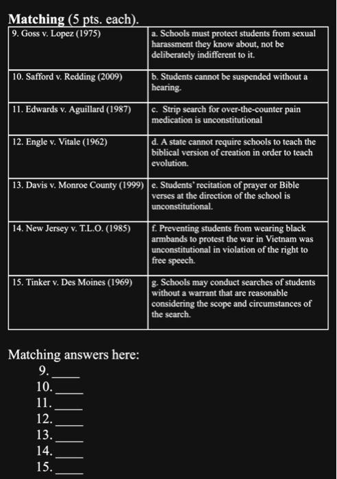 Matching answers here: 9. 10. 11. 12. 13. 14. 15. | Chegg.com