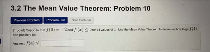 Solved 3.2 The Mean Value Theorem: Problem 9 Previous | Chegg.com