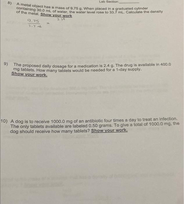 Solved Lab Section: 8) A metal object has a mass of 9.75 g. | Chegg.com
