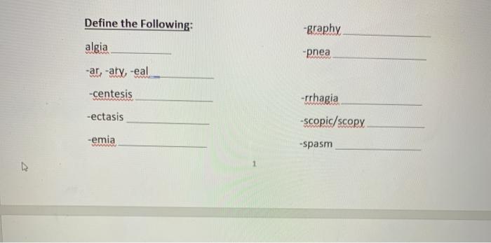 Solved Define the following: -graphy algia wa -pnea -ar, | Chegg.com