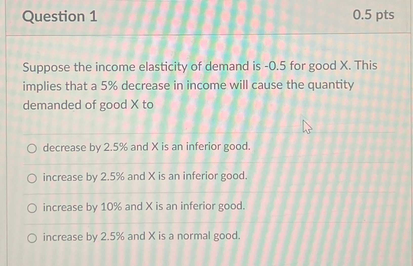 Solved Question 10.5ptsSuppose the income elasticity of | Chegg.com