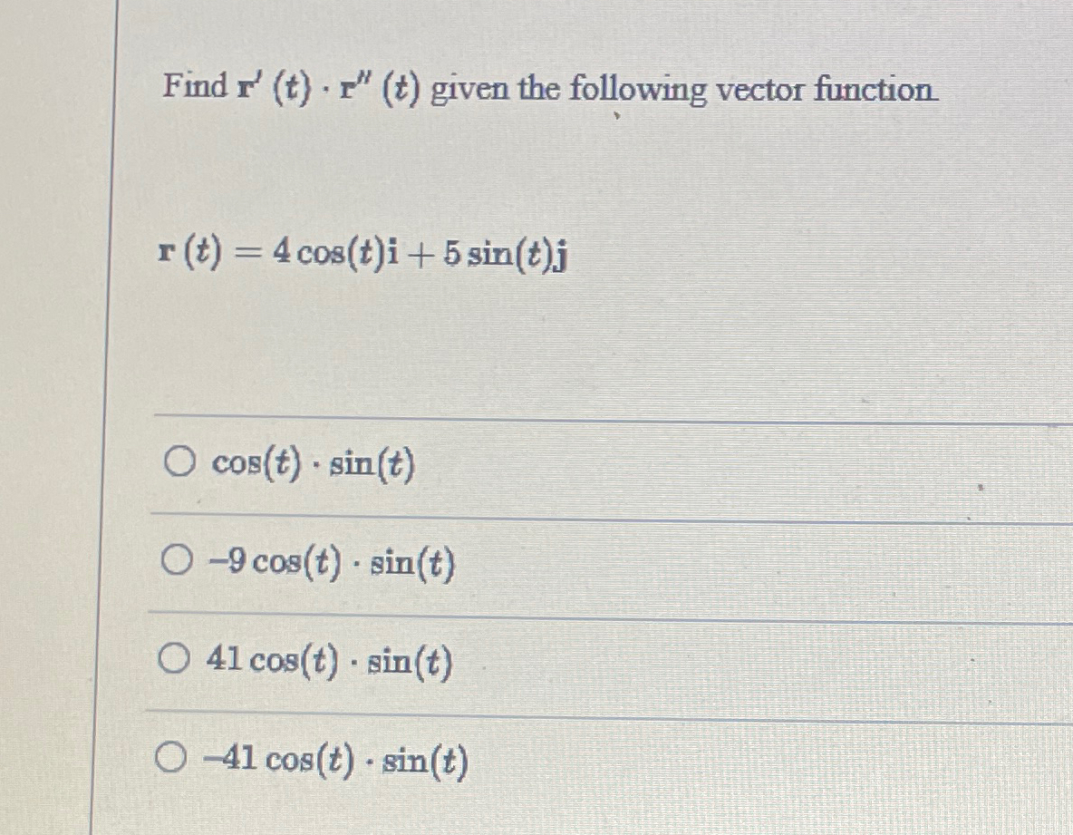Solved Find r'(t)*r''(t) ﻿given the following vector | Chegg.com