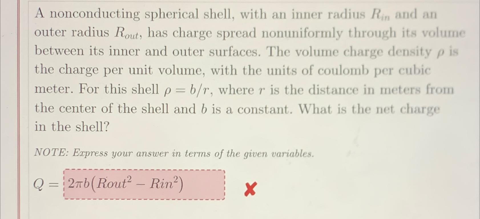 Solved A nonconducting spherical shell, with an inner radius | Chegg.com
