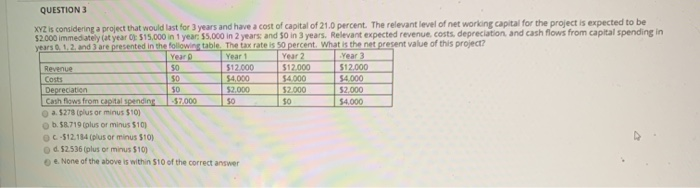 Solved QUESTION 3 XYZ is considering a project that would | Chegg.com