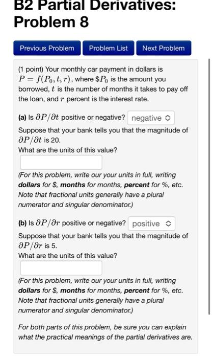 Solved B2 Partial Derivatives: Problem 8 (1 point) Your | Chegg.com