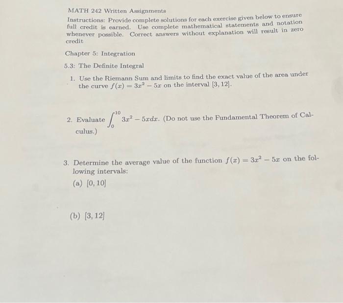 Solved MATH 242 Written Assignments Instructions: Provide | Chegg.com