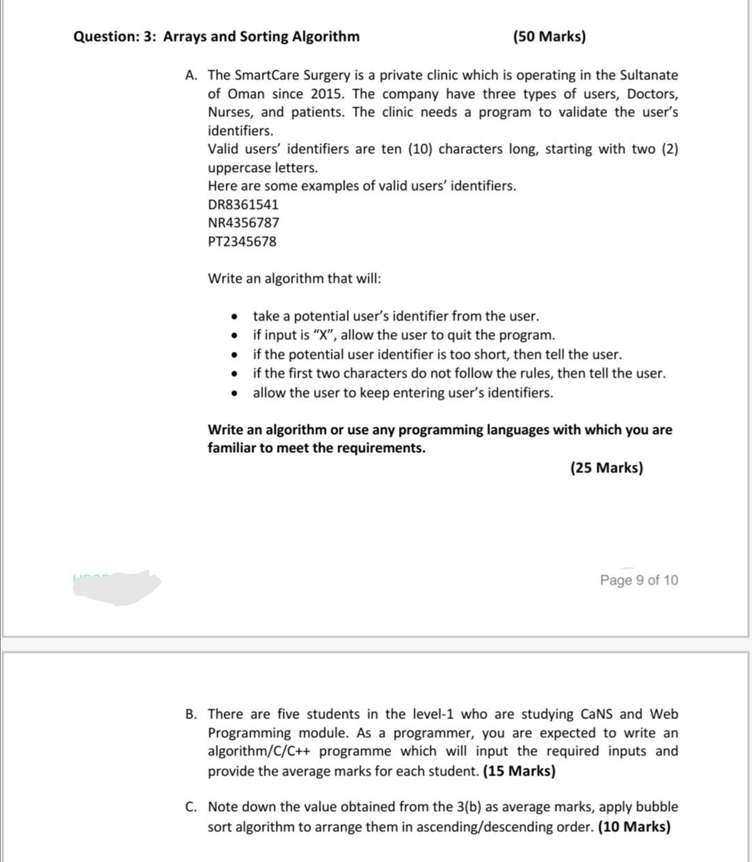Solved Question: 3: Arrays and Sorting Algorithm (50 Marks) | Chegg.com