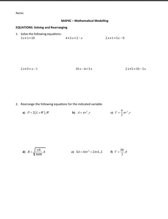 Solved Name: MAP4C - Mathematical Modelling EQUATIONS: | Chegg.com