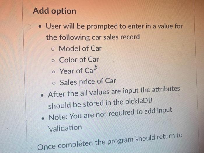 Solved Key-value data store: PickleDB Python Car Sales | Chegg.com