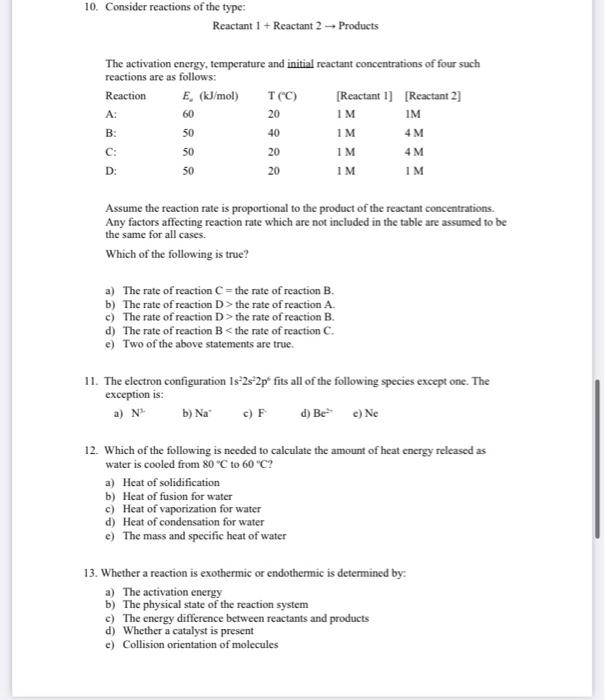 Solved 10. Consider reactions of the type: Reactant | Chegg.com