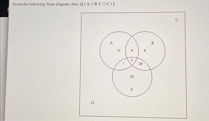 Solved Given the following Venn diagram, find n[(A∪B)c∩C)]. | Chegg.com