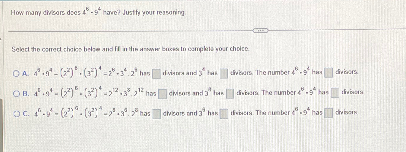 Solved How many divisors does 46*94 ﻿have? Justify your | Chegg.com