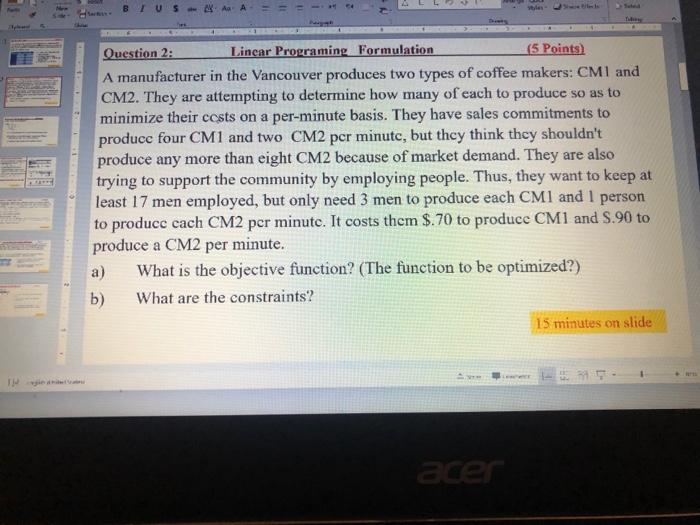 Solved Btu A A Question 2 Linear Programing Formulation