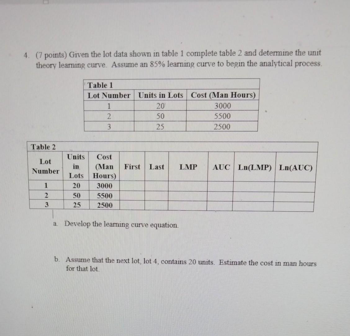 Solved 4. (7 points) Given the lot data shown in table 1 | Chegg.com