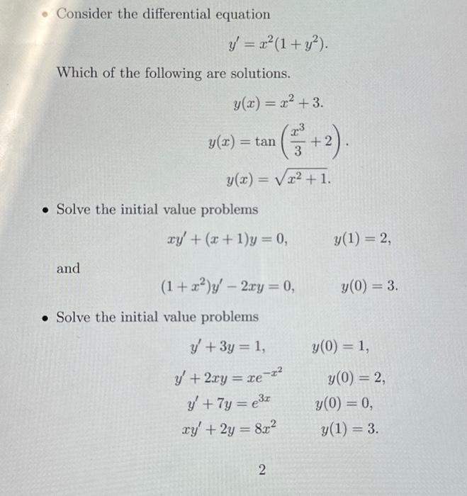 Solved - Consider the differential equation y′=x2(1+y2). | Chegg.com