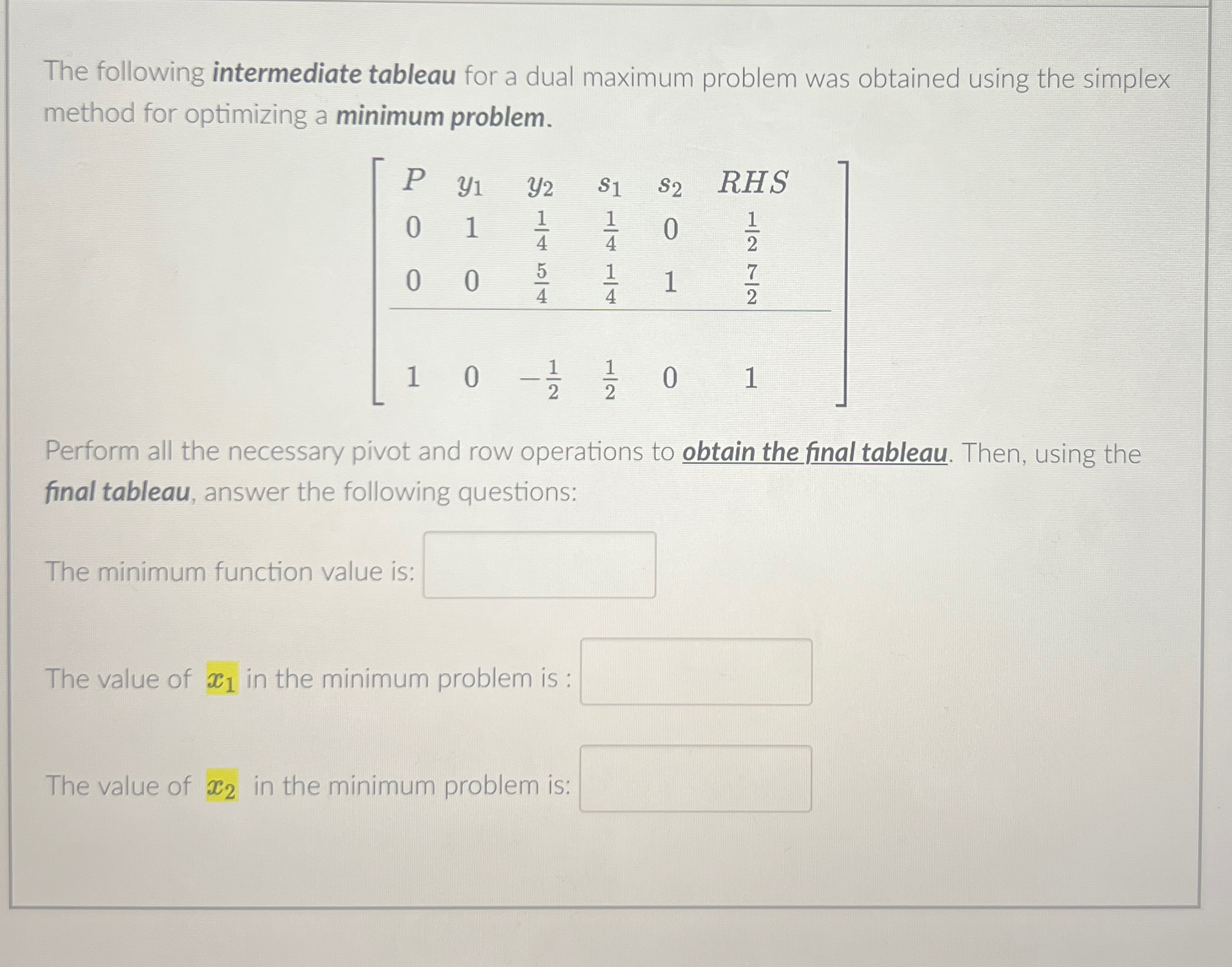 Solved The following intermediate tableau for a dual maximum | Chegg.com