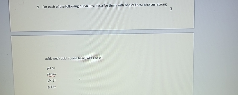 Solved For each of the following pH ﻿values, describe them | Chegg.com