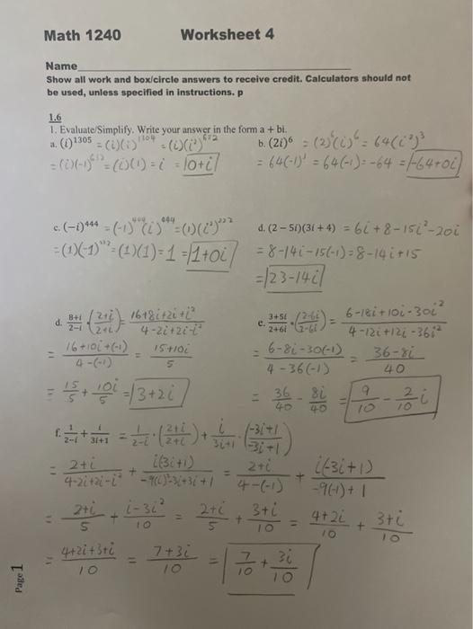 Solved Math 1240 Worksheet 4 Name Show all work and | Chegg.com