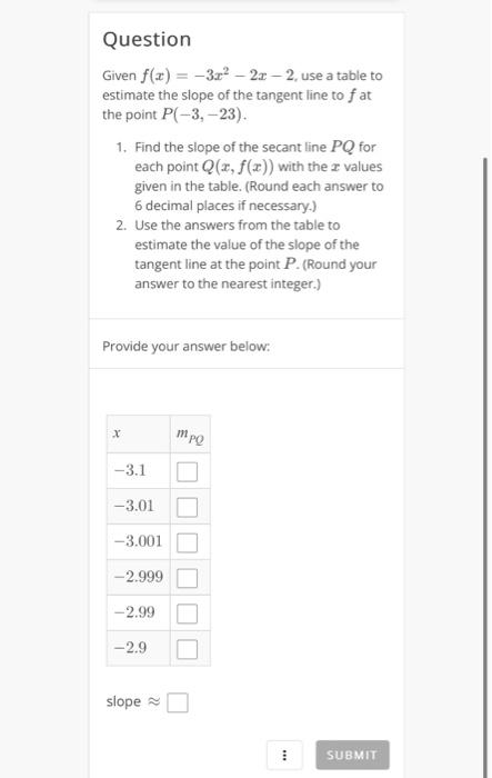Solved Question Given f(x)=−3x2−2x−2, use a table to | Chegg.com