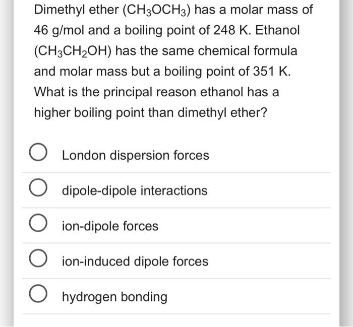 Solved Dimethyl ether (CH3OCH3) has a molar mass of 46 g/mol | Chegg.com
