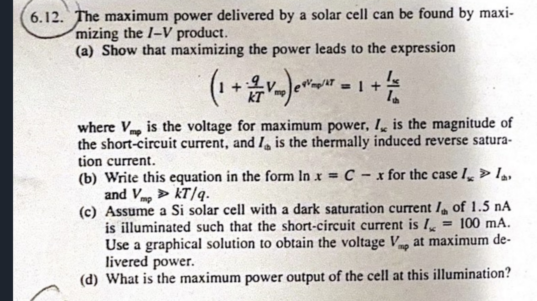 6.12. ﻿The maximum power delivered by ﻿a solar cell | Chegg.com